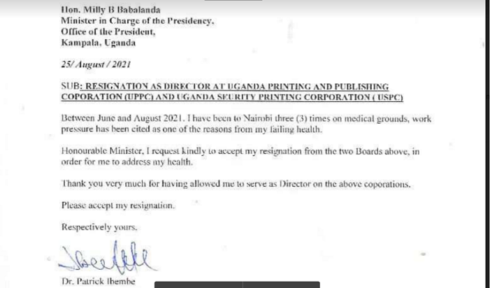 Dr. Ibembe's Resignation Letter To Minister Milly Babalanda Leaks ...